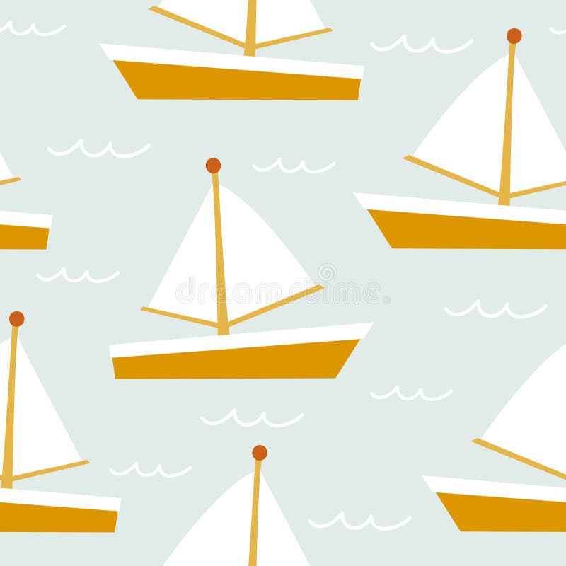 Seamless Marine Pattern with Boat and Waves. Vector Illustration Stock ...