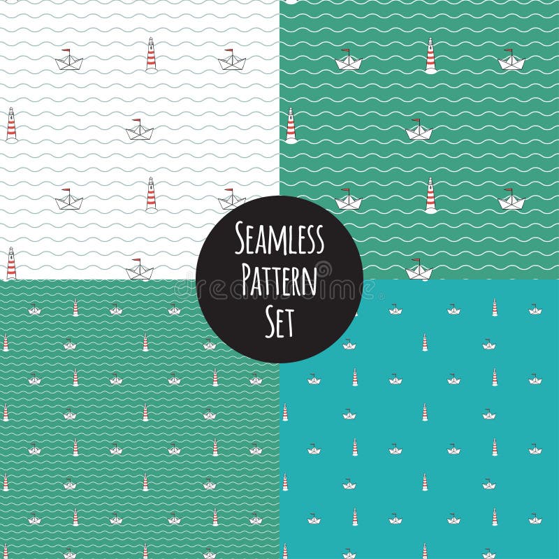 Seamless Marine Pattern Set Stock Vector - Illustration of navy, boat ...
