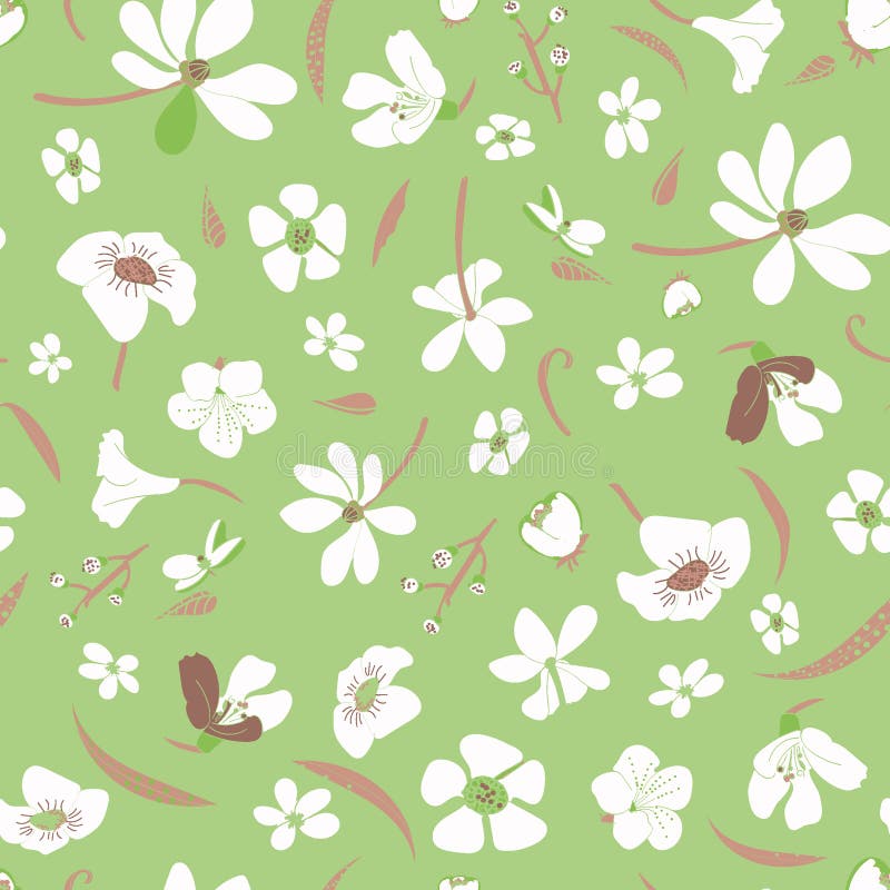 Seamless Meadow Vector Pattern with White Flowers Scattered on Green ...