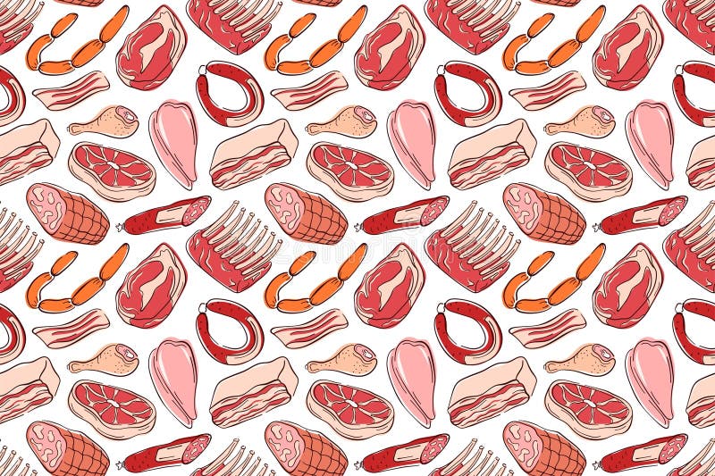 Seamless Meat Pattern with Different Cuts in Flat Style. Ideal for ...