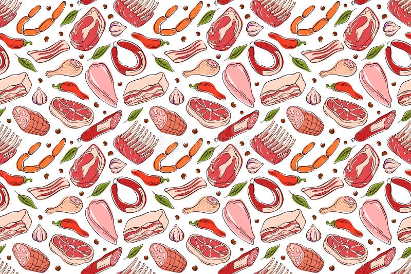 Seamless Meat Pattern in Flat Style with Different Meats on a White ...