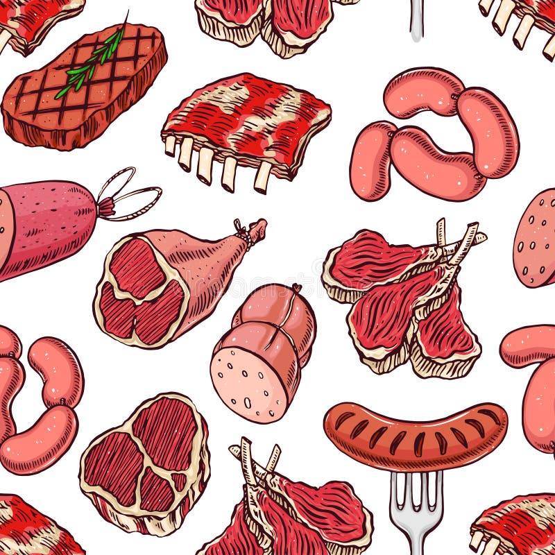 Meat Seamless Pattern Background Cartoon Delicious Variety Delicious ...