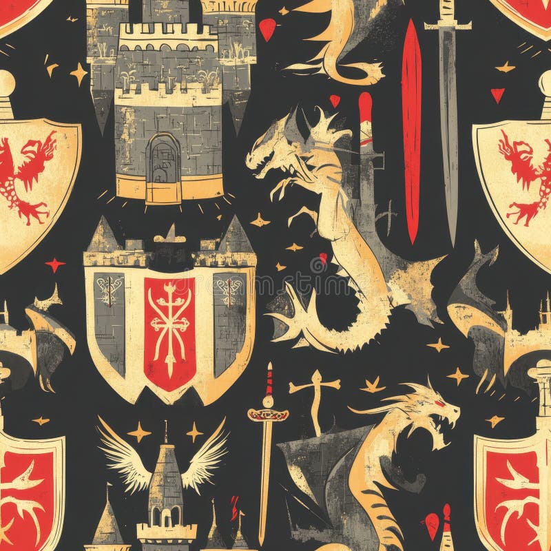 Vintage Medieval Dragon and Castle Pattern with Gothic Elements Stock ...