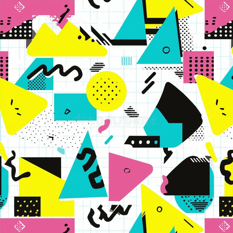Seamless Memphis Background with Bold Geometric Shapes and Squiggles ...