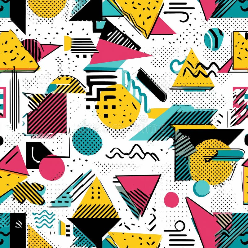 Seamless Memphis Pattern with Squiggles, Triangles, and Bold Lines ...