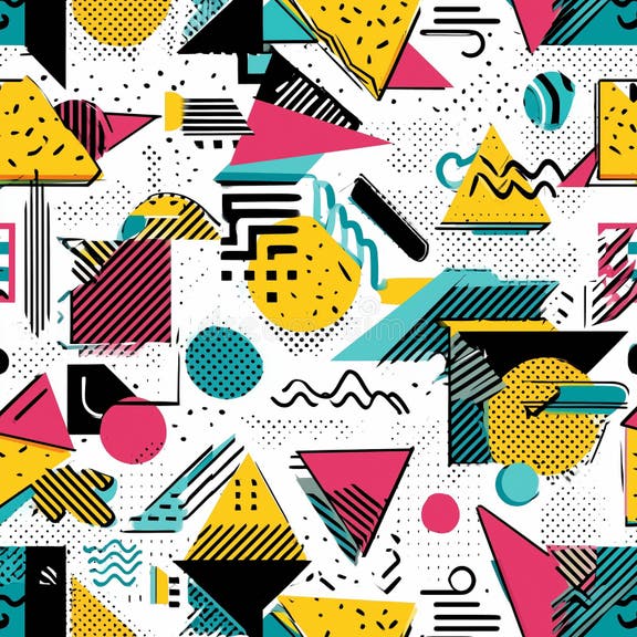 Seamless Memphis Pattern with Squiggles, Triangles, and Bold Lines ...