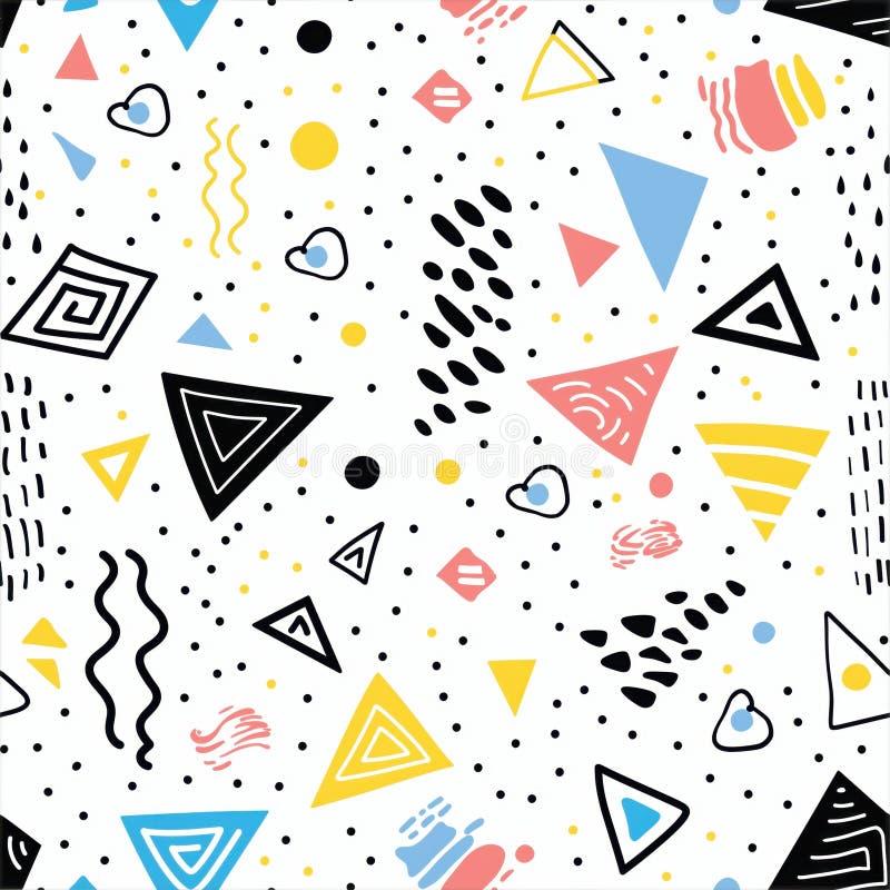 Seamless Memphis Style Pattern with Abstract Geometric Shapes in Bright ...