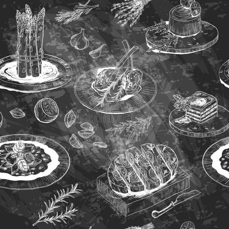 Seamless Menu Pattern with Restaurant Meal, Herbs and Spices. Bl Stock ...