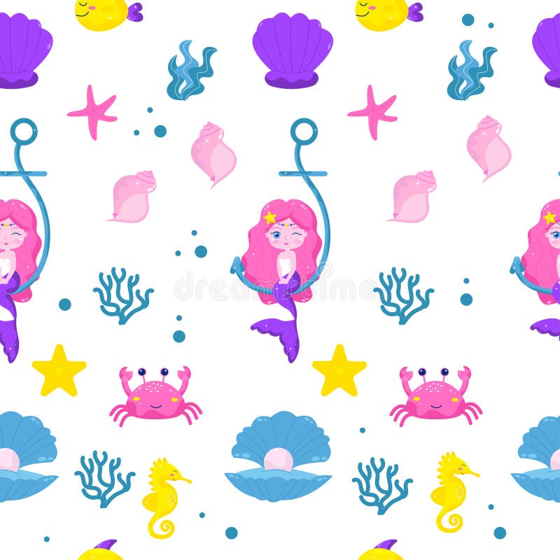 Seamless Mermaid Pattern and Underwater World in Cartoon Style. Vector ...