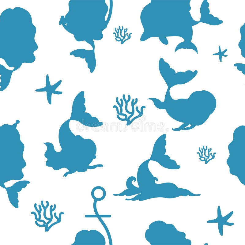 Seamless Mermaid Pattern and Underwater World Silhouette. Vector Stock ...