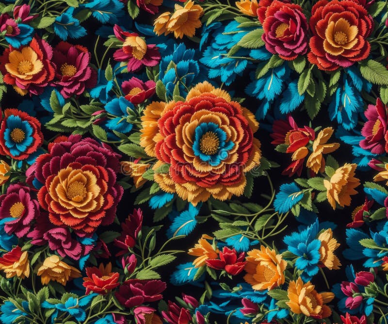 Seamless Mexican Embroidery Flowers Hyper Realistic Pattern Stock ...