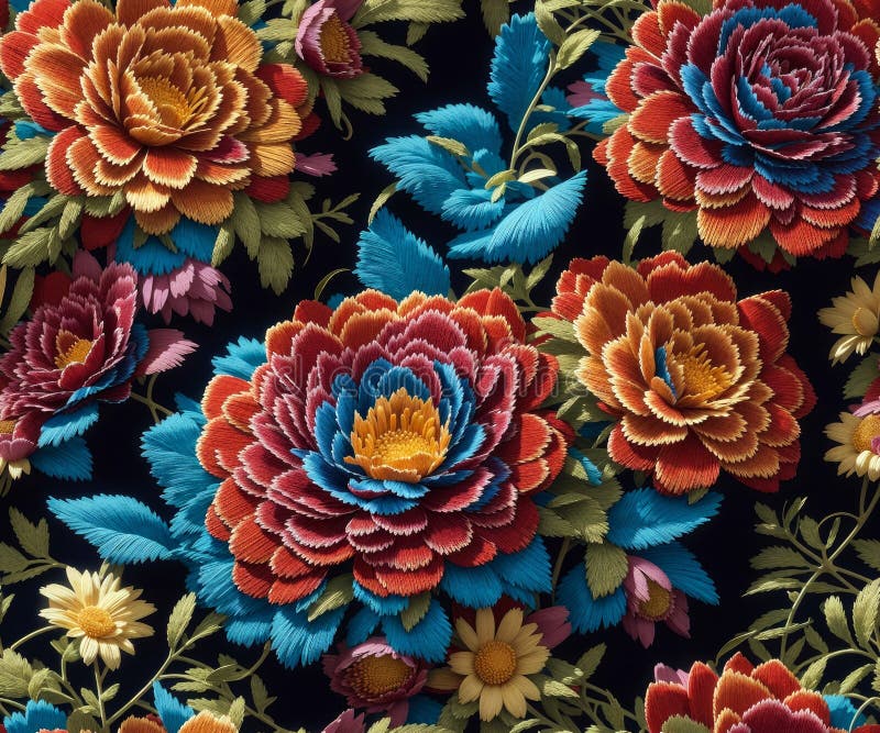 Seamless Mexican Embroidery Flowers Hyper Realistic Pattern Stock ...