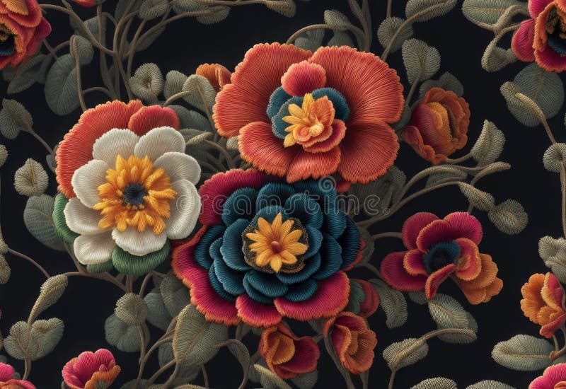 Mexican Embroidery Flowers Hyper Realistic Wallpaper Design Stock ...