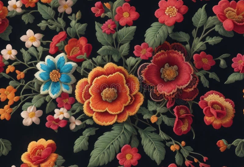 Mexican Embroidery Flowers Hyper Realistic Wallpaper Design Stock ...
