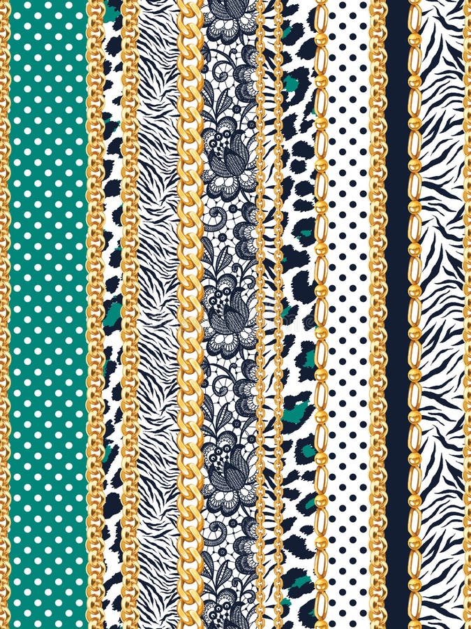 Seamless Mix Pattern of Vertical Golden Chains, Leopard, Zebra, Lace ...