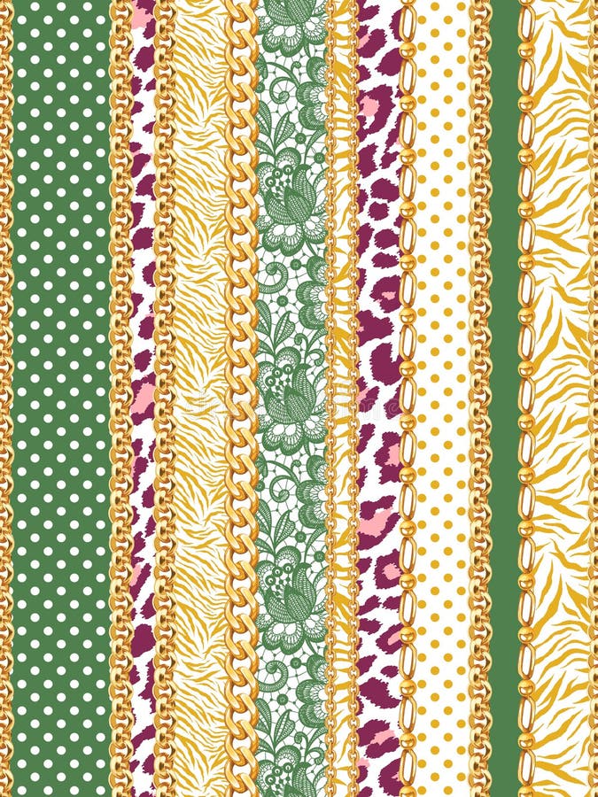 Seamless Mix Pattern of Vertical Golden Chains, Leopard, Zebra, Lace ...