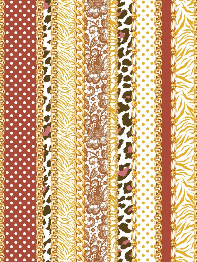 Seamless Mix Pattern of Vertical Golden Chains, Leopard, Zebra, Lace ...