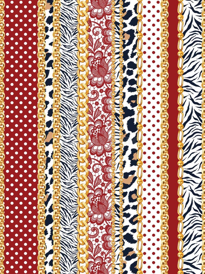 Seamless Mix Pattern of Vertical Golden Chains, Leopard, Zebra, Lace ...
