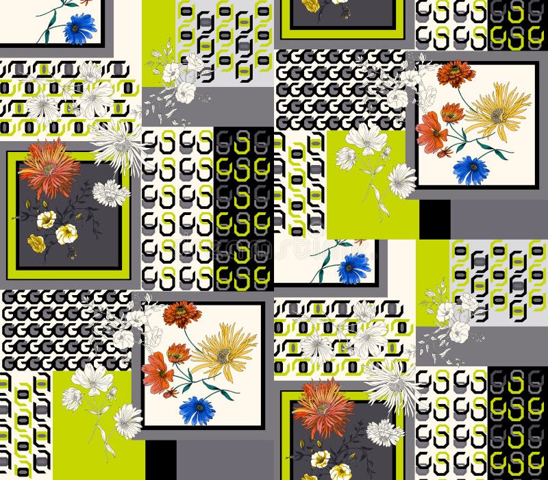 Seamless Modern Patchwork Pattern with Flowers and Lines. Ethnic Indian ...