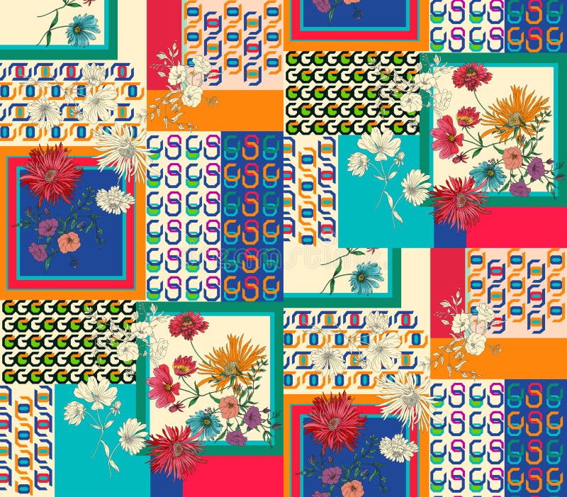Seamless Modern Patchwork Pattern with Flowers and Lines. Ethnic Indian ...