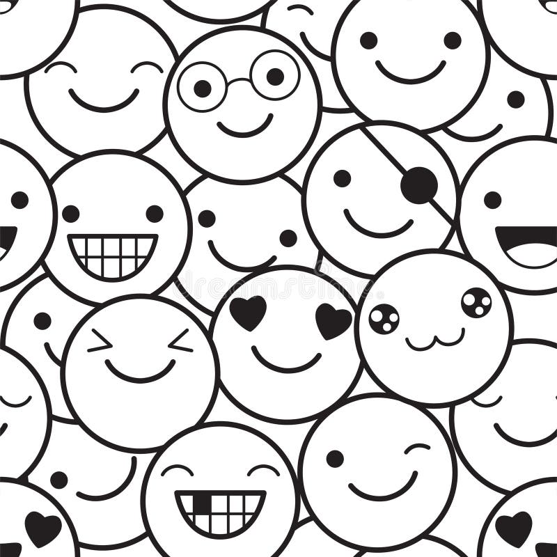 Seamless Monochrome Black and White Pattern with Emoticons. Emoji Faces ...