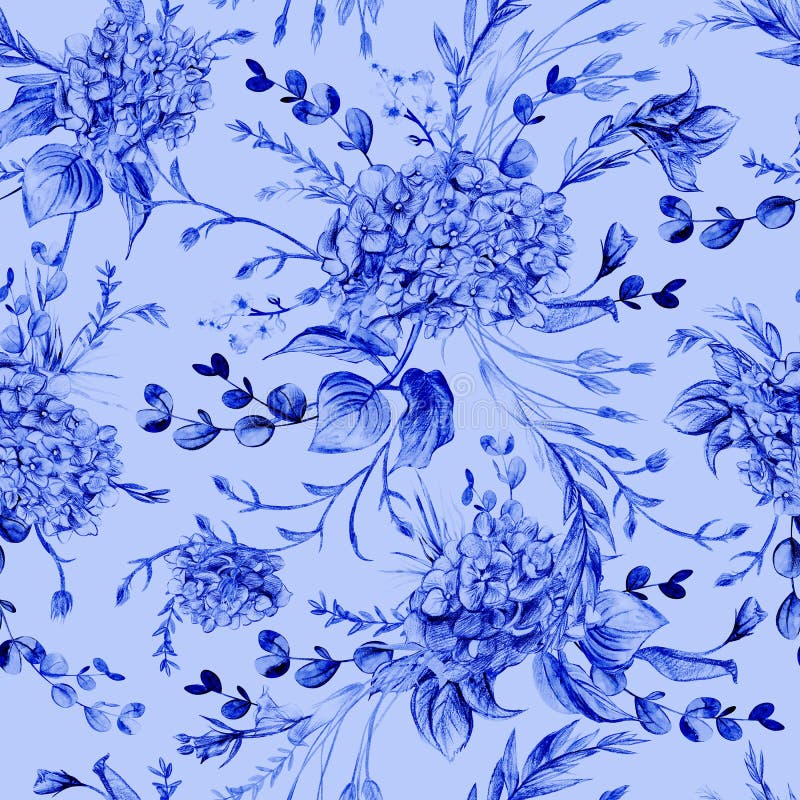 Seamless Monochrome Pattern in Shades of Blue with Hydrangea Flowers ...