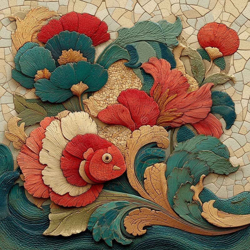 Gaudí-style Seamless Ocean Mosaic with Sea Shells, Algae, and Marine ...