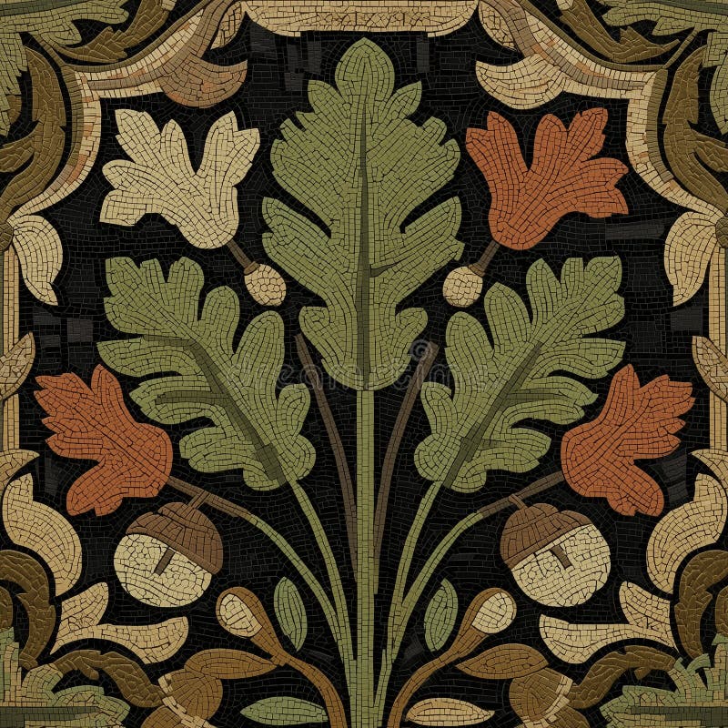Forest-inspired Seamless Mosaic with Oak Leaves, Acorns, and Curved ...