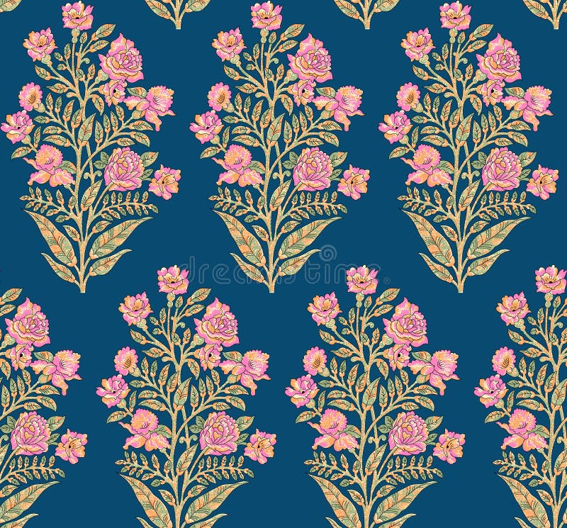 Seamless Mughal Flower Pattern on Blue Color Stock Illustration ...