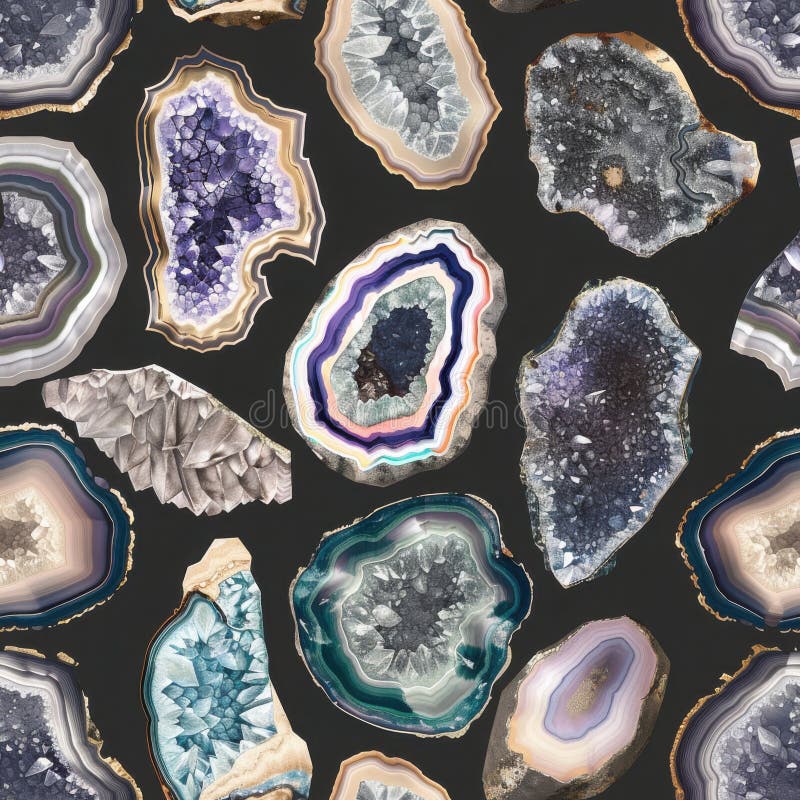 Seamless Natural Mineral Pattern with Geode and Crystal Slices Stock ...