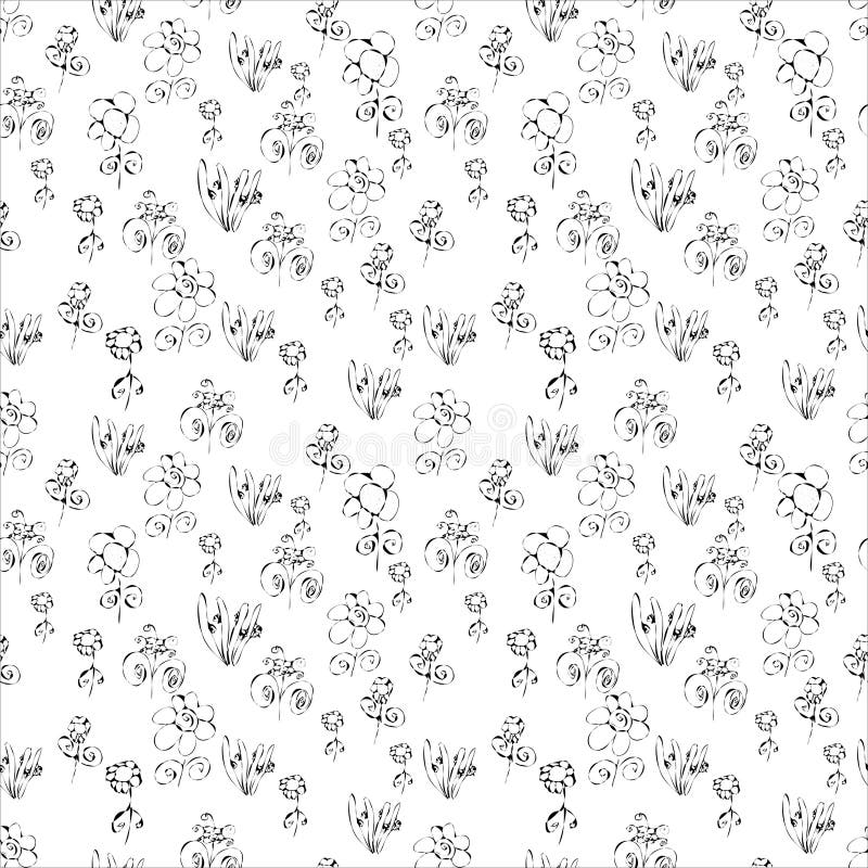 Seamless Nature Pattern With Black And White Hand Drawn Flowers Stock