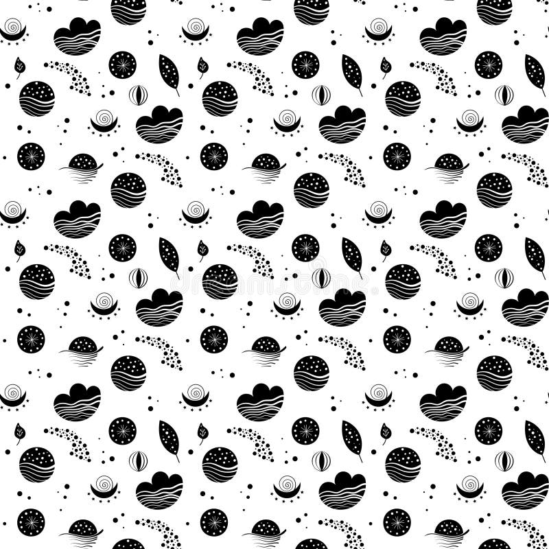 Seamless Neo Folk Patterns with Moon, Cloud, Sun and Stars, Black and ...