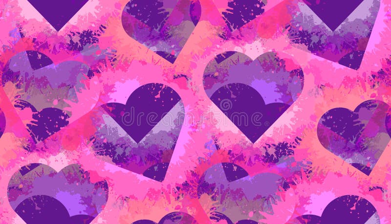 Seamless Neon Pattern with Hearts and Pink Watercolor Splashes on ...