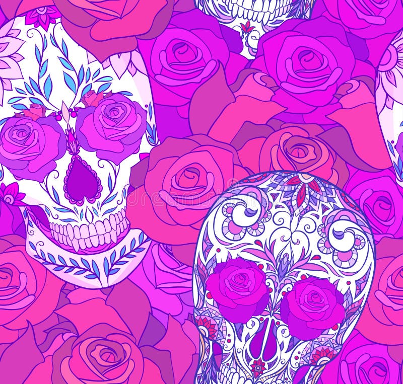 Seamless Neon Texture with Sugar Skulls and Roses. the Day of the Dead ...