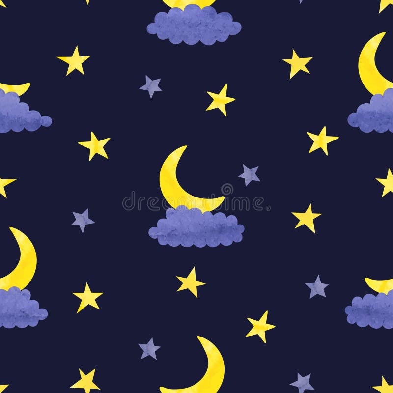 Seamless Night Pattern with Watercolor Moon, Stars and Clouds Stock ...