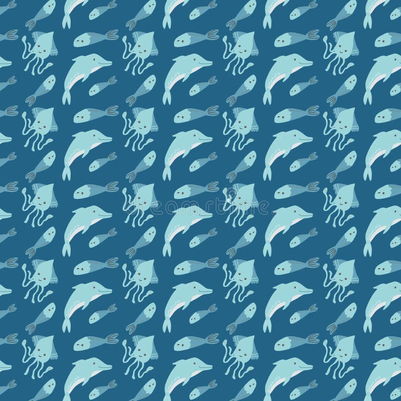 Seamless Ocean Animal Pattern with Octopus, Whale, and Squid on Blue ...