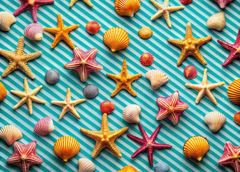 Seamless Ocean Background a Charming Striped Seashell and Starfish ...