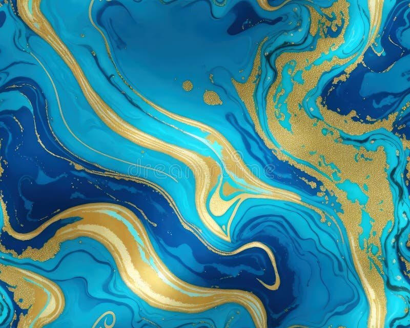 Seamless Ocean Blue and Golden Fluid Pattern Stock Illustration ...