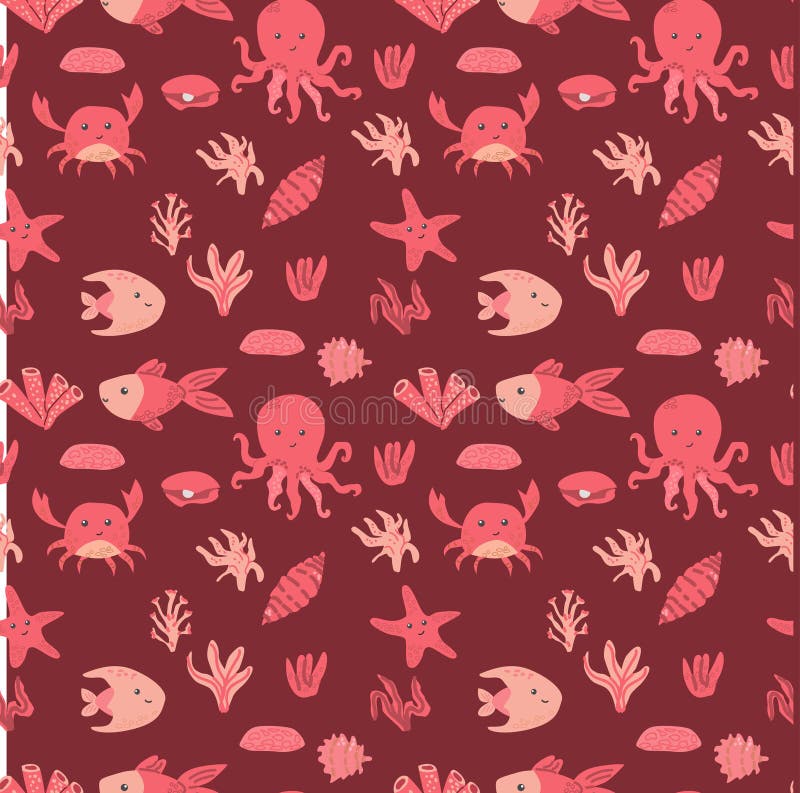 Seamless Ocean Creatures Pattern with Fish, Octopus, Crab, Starfish ...