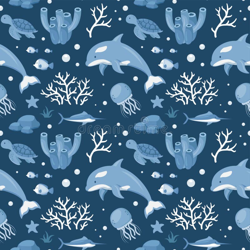 Seamless Ocean Pattern Design Featuring Decorative Marine Life Elements ...