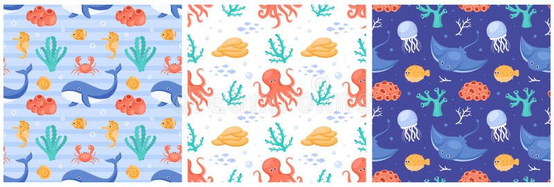 Seamless Ocean Pattern Design Featuring Decorative Marine Life Elements ...