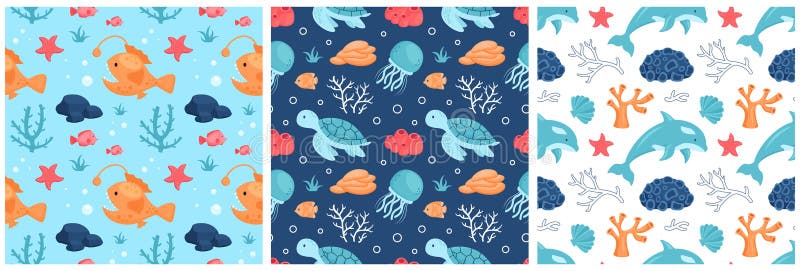 Seamless Ocean Pattern Design Featuring Decorative Marine Life Elements ...