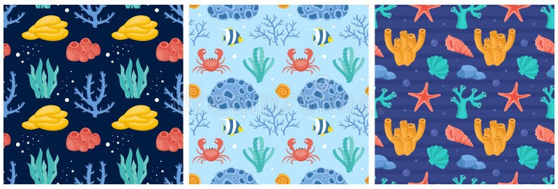 Seamless Ocean Pattern Design Featuring Decorative Marine Life Elements ...