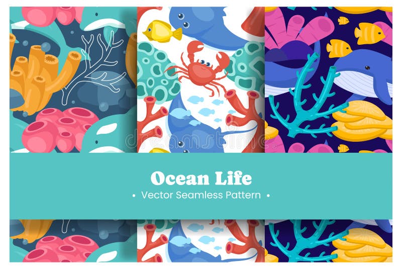 Seamless Ocean Pattern Design Featuring Decorative Marine Life Elements ...