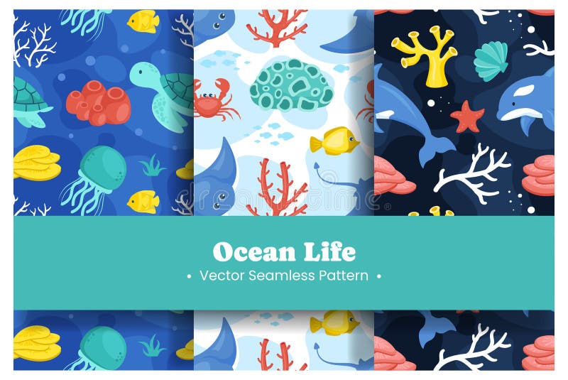 Seamless Ocean Pattern Design Featuring Decorative Marine Life Elements ...