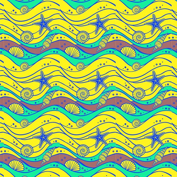 Seamless Ocean Waves Pattern with Starfish, Seashells, and Snails Stock Illustration ...