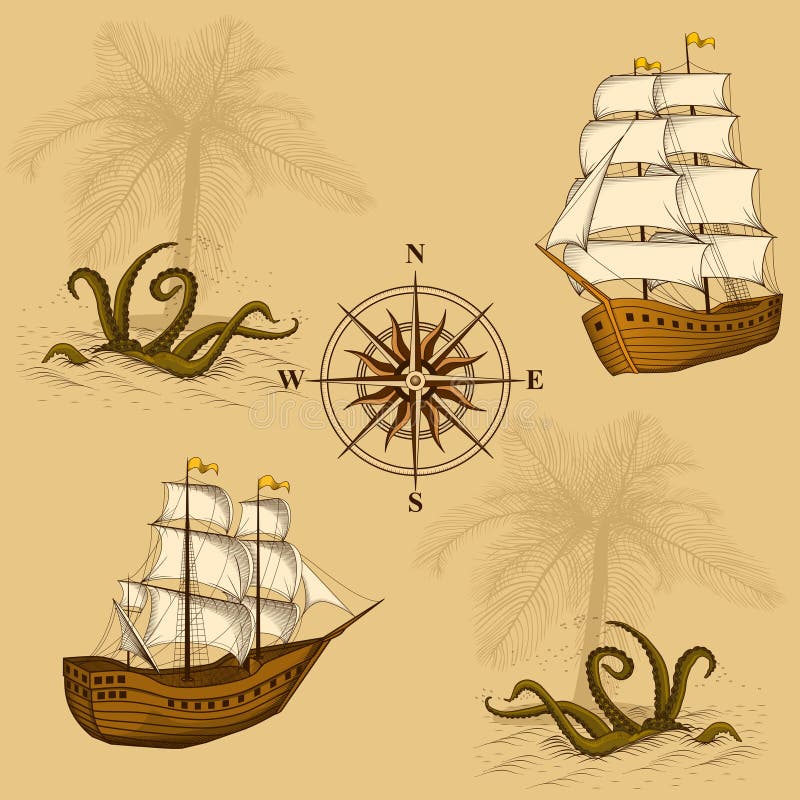 Seamless Map with a Compass and Ships Stock Vector - Illustration of ...