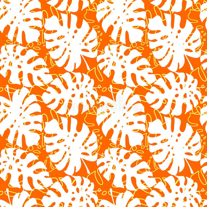 Seamless Orange and White Tropical Leaves Outline Pattern, Texture ...