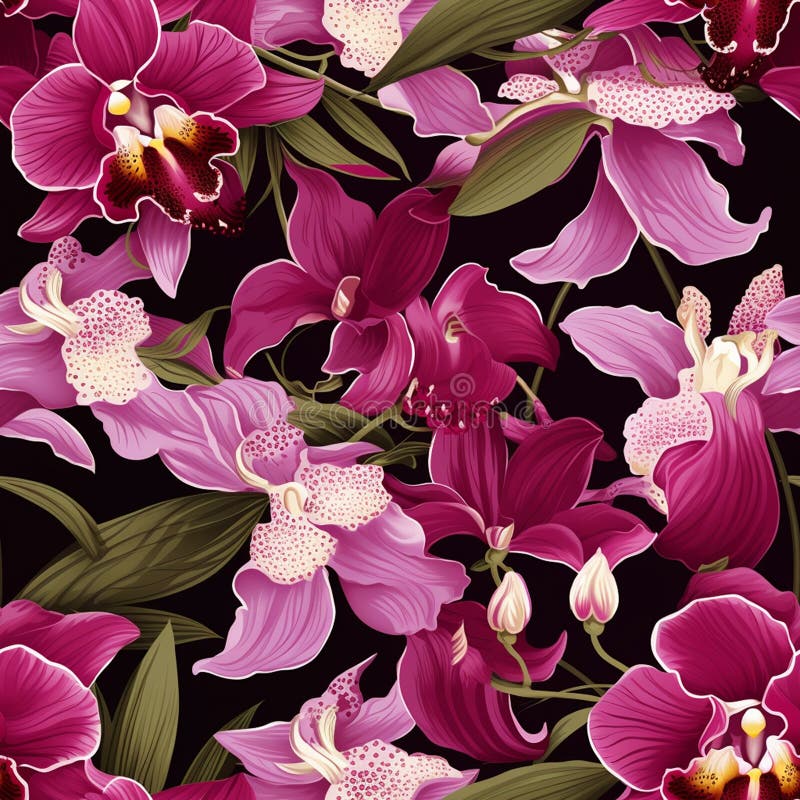 Seamless Orchid Flower Pattern on Dark Background Stock Vector ...
