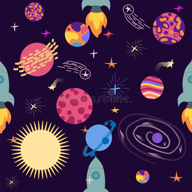 Seamless Outer Space Ufo Rocket Science Kids Background Pattern Stock ...